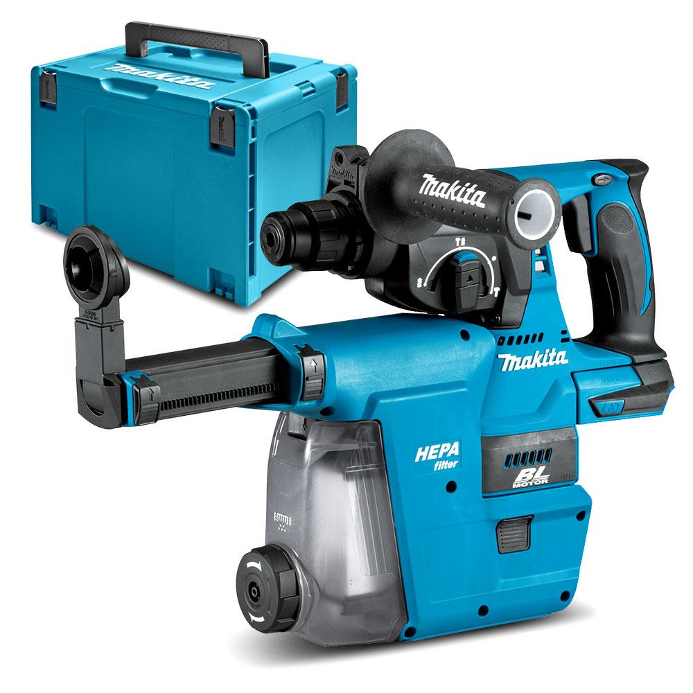 Makita DHR242ZKW 18V Li Ion SDS Plus Cordless Brushless Rotary Hammer Drill with Dust Extractor DX06 Combo Kit