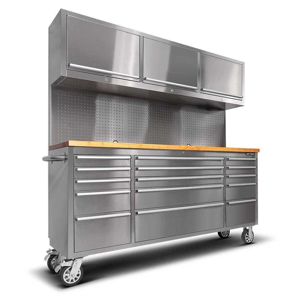 Daytona D153SS 72 Stainless Steel Mobile Work Bench with 15 Drawers Tool Chest 3 Door Cabinet